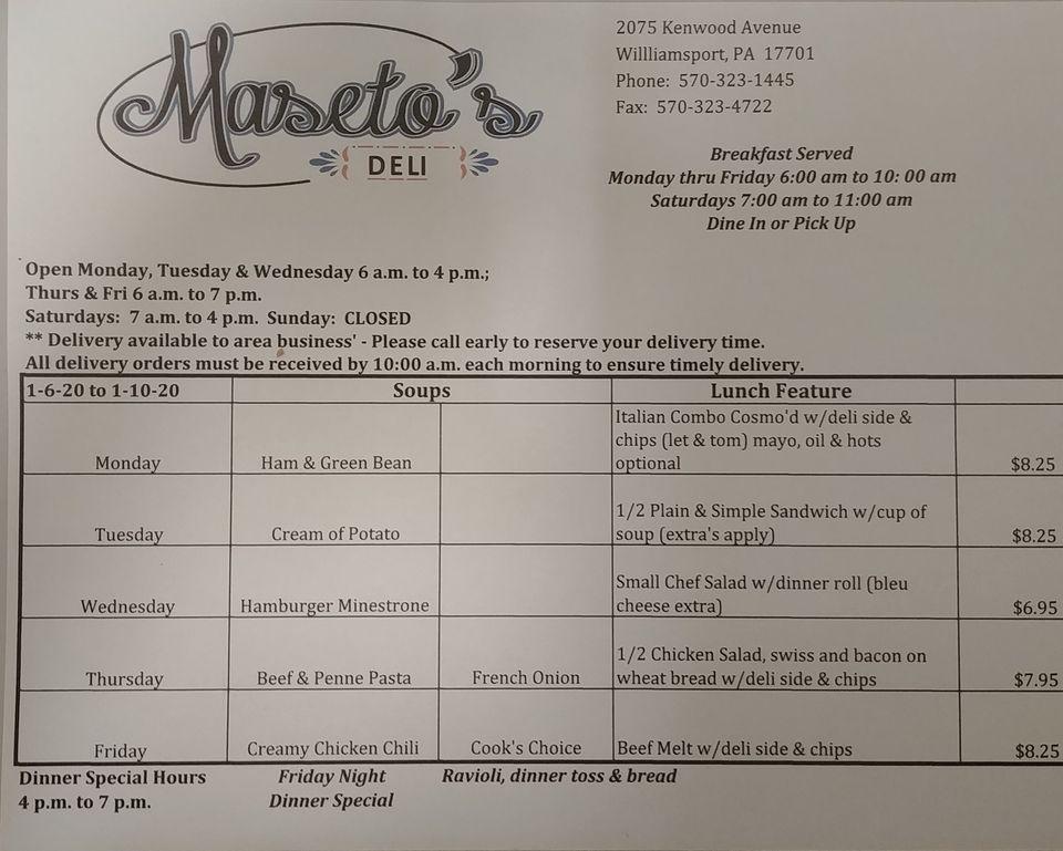 Menu at Maseto's restaurant, Williamsport, Kenwood Ave