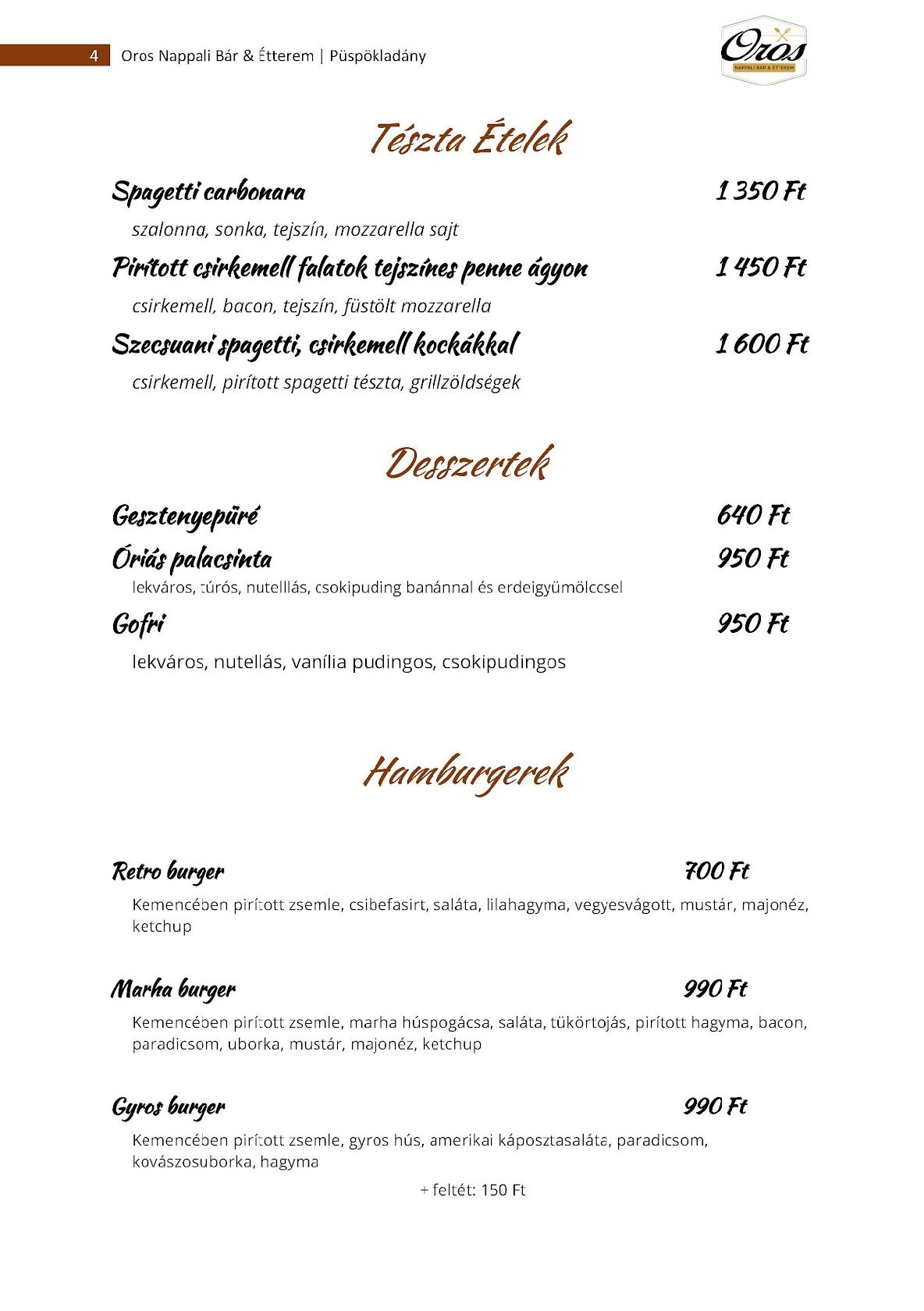 Menu at Oros Nappali Bár és Étterem restaurant, Püspökladány