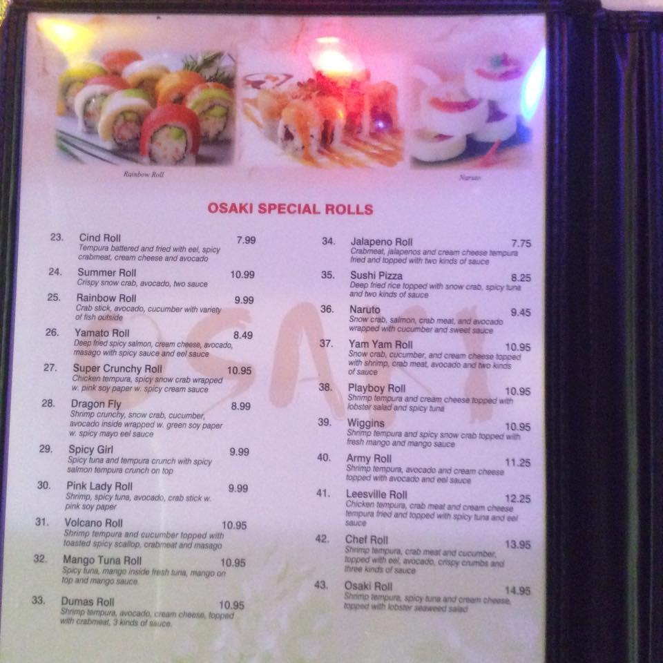 Menu at Osaki Sushi restaurant, Dumas