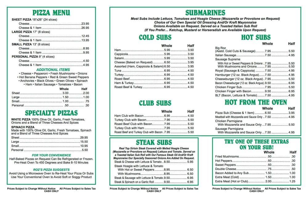 Menu at Roz's Pizzeria, Cheektowaga, 47 Kelly Dr
