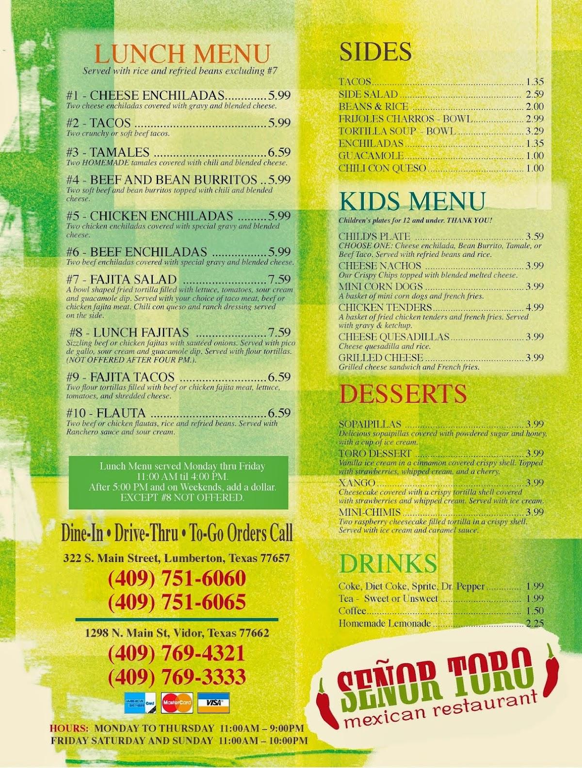 Menu at Señor Toro restaurant, Vidor, N Main St