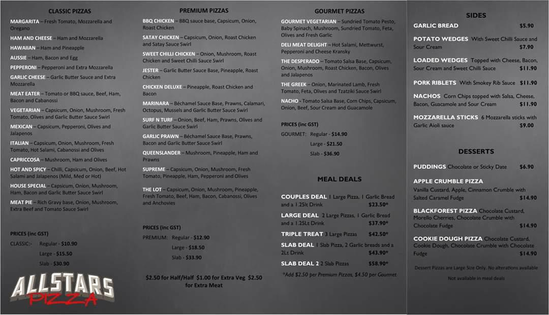 Menu at Allstars Pizza pizzeria, Mount Gambier