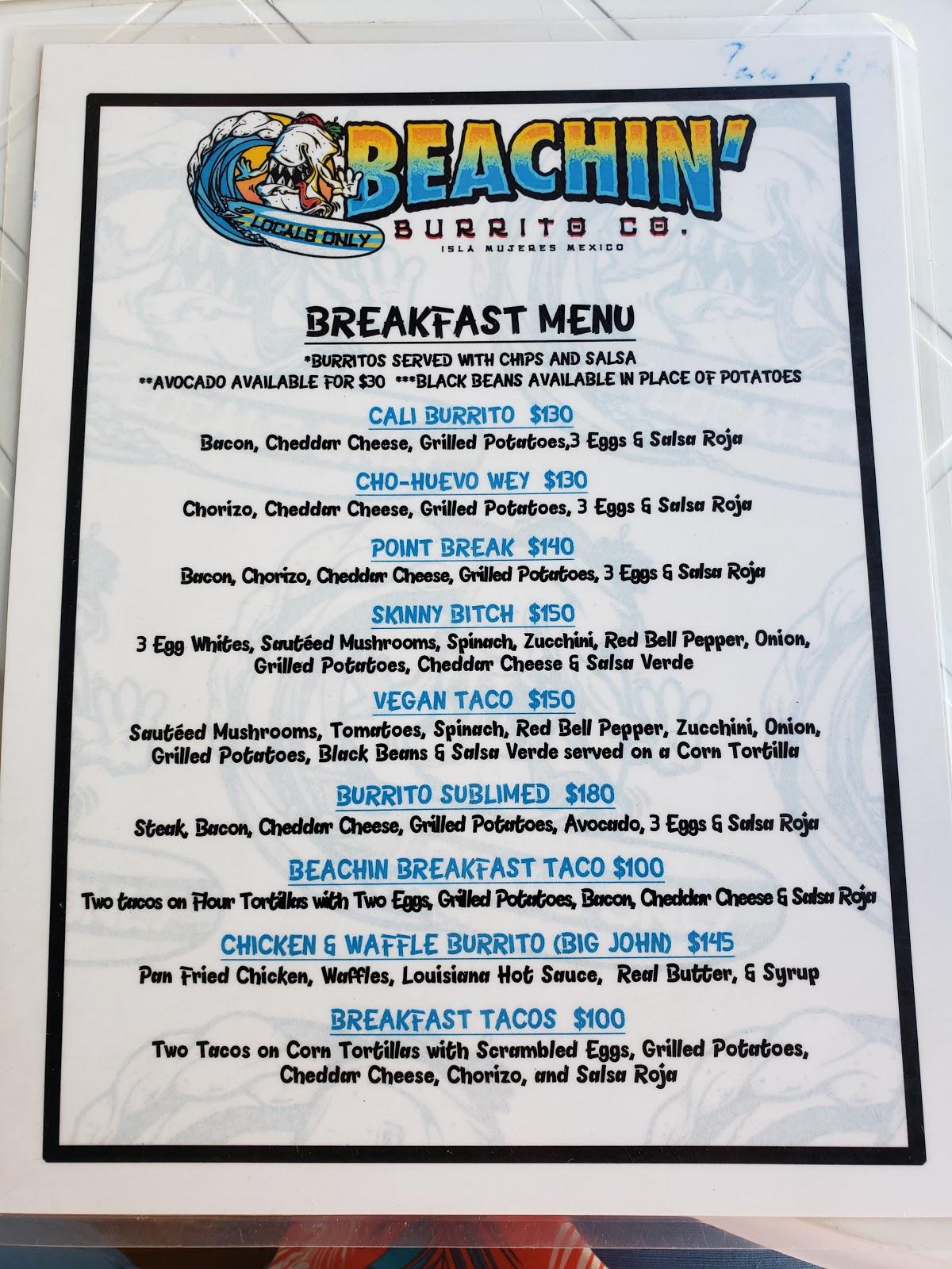 Menu at Beachin' Burrito restaurant, Isla Mujeres