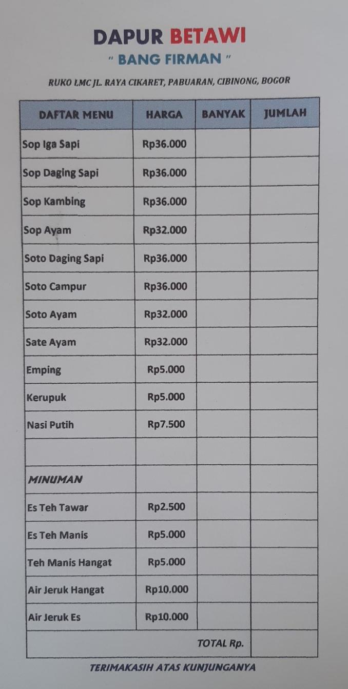 Menu at Dapur Betawi restaurant, Bogor