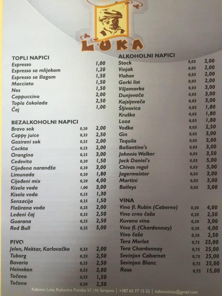 Menu at Kafanica Luka restaurant, Lukavica