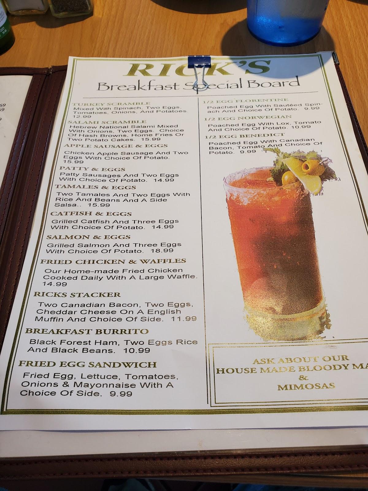 Menu at Rick's Restaurant & Bakery, Palm Springs