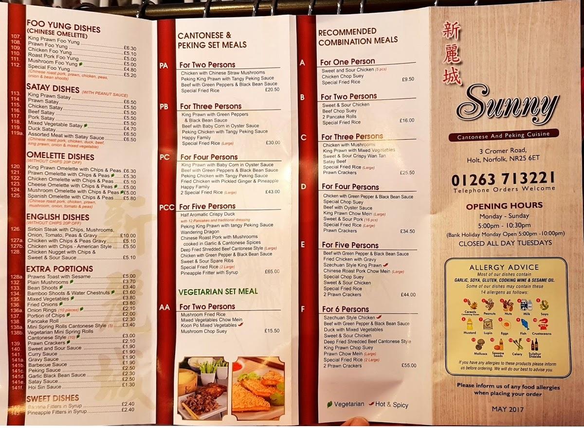 Menu at The Sunny Take Away fast food, Holt