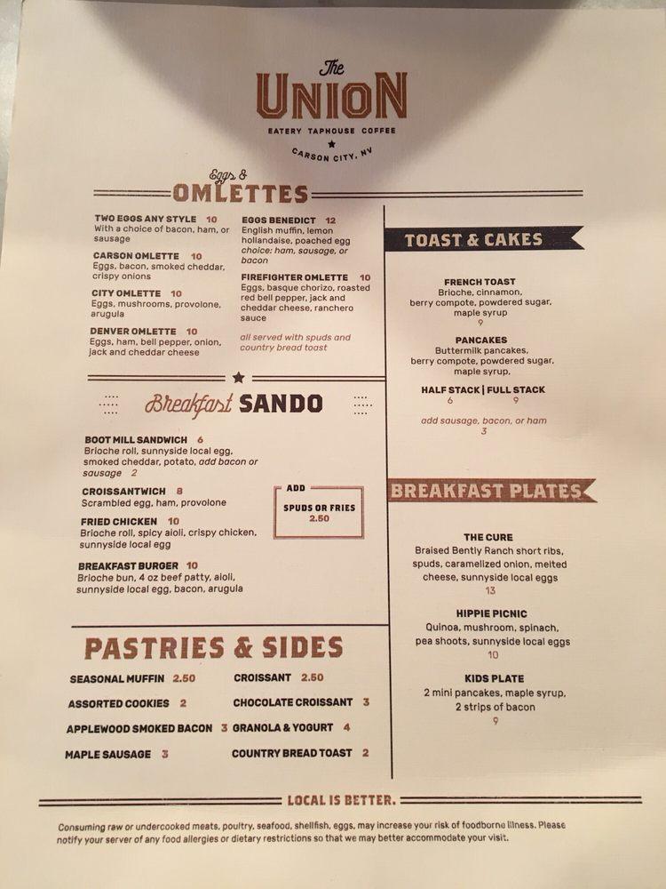 Menu at The Union pizzeria, Carson City