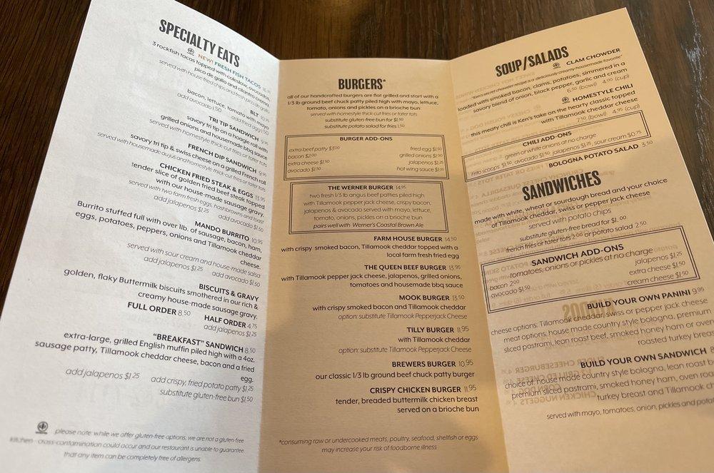 Menu at Werner Beef & Brew restaurant, Tillamook