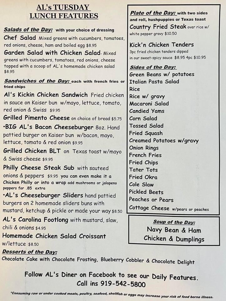 Menu at Al's Diner restaurant, Pittsboro