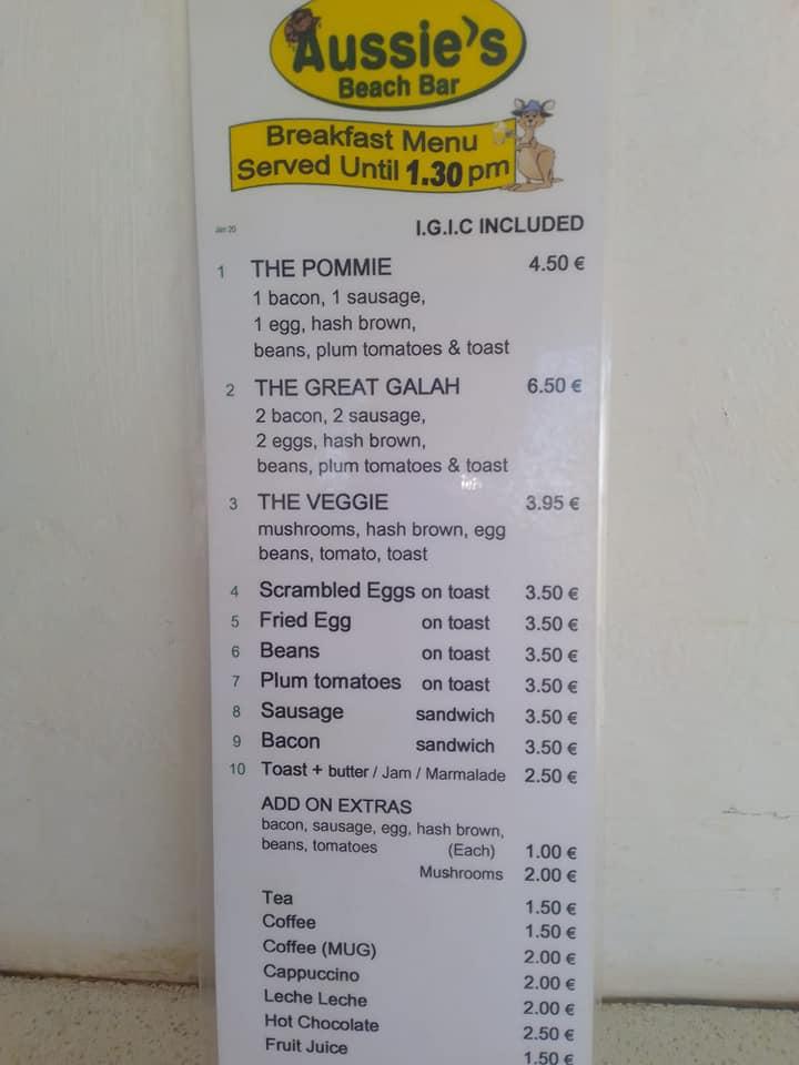 Menu at Aussie's Beach Bar, Tías