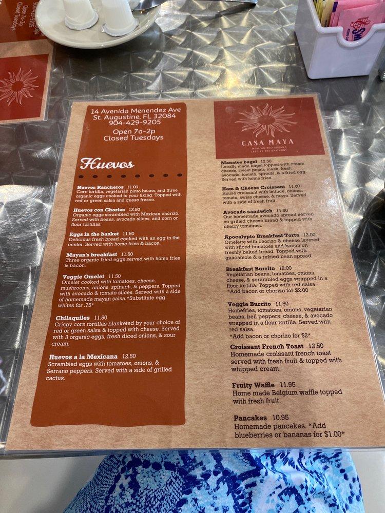 Menu at Casa Maya pub & bar, St. Augustine, 22 Hypolita St