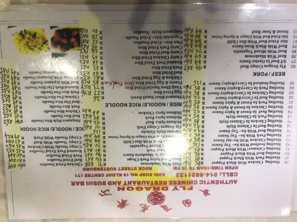 Menu at Fly Dragon restaurant, Rustenburg
