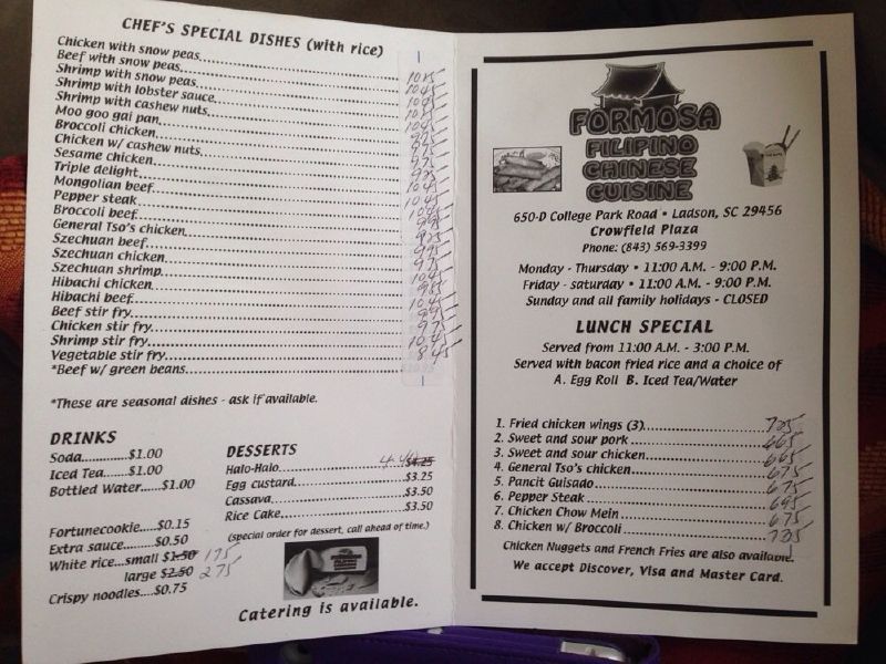 Menu at Formosa Chinese Restaurant, Ladson