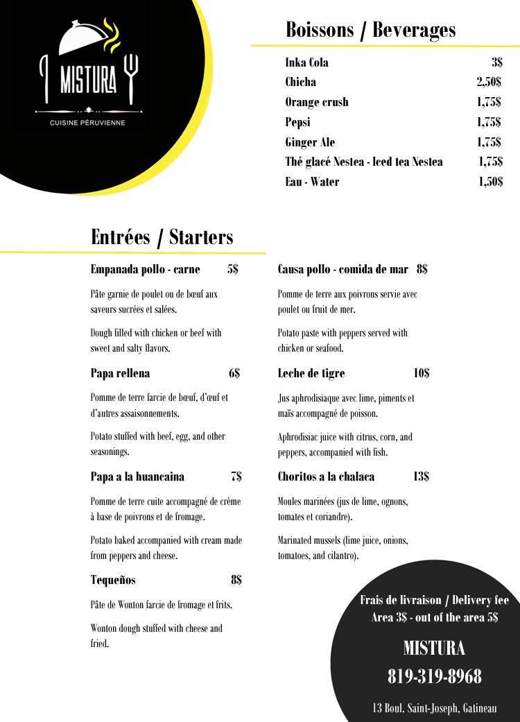 Menu at Mistura Restaurant Hull, Gatineau