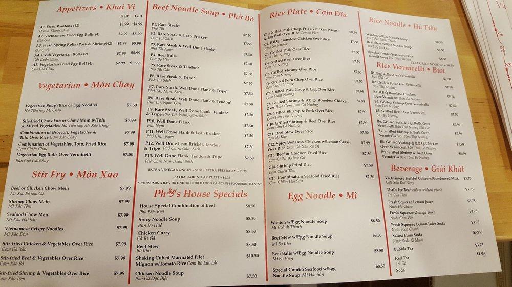 Menu at Pho Nguyen restaurant, Kokomo