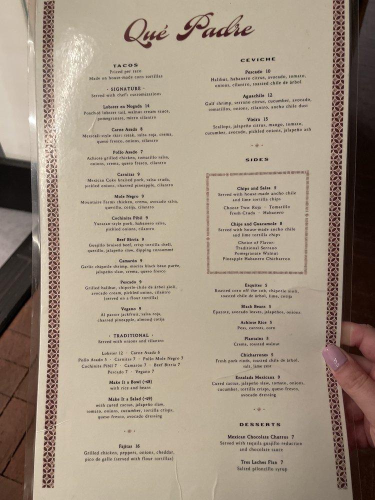 Menu at Qué Padre restaurant, Los Angeles