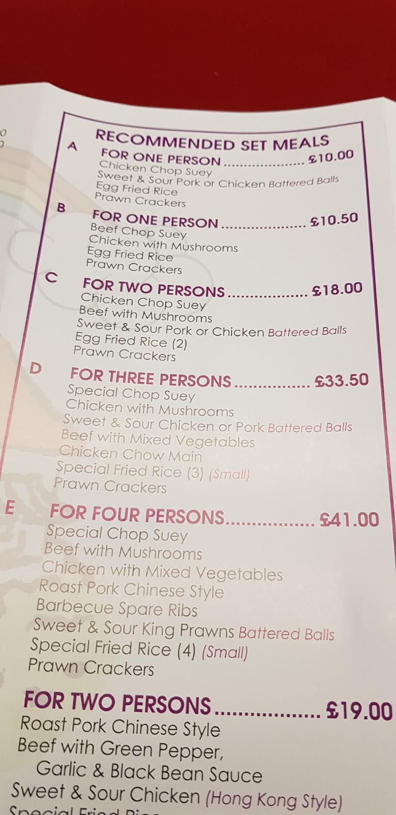 Menu at Rainbow restaurant, Exeter