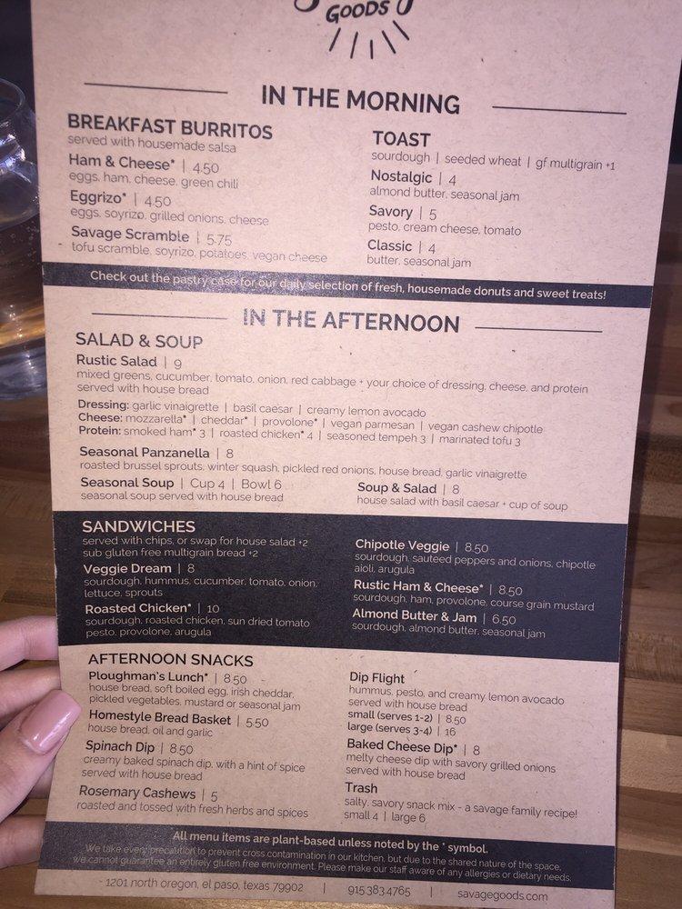 Menu at Savage Goods cafe, El Paso