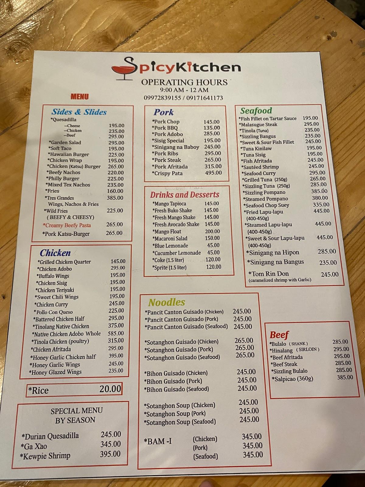 Carta del restaurante Spicy Kitchen, Dávao