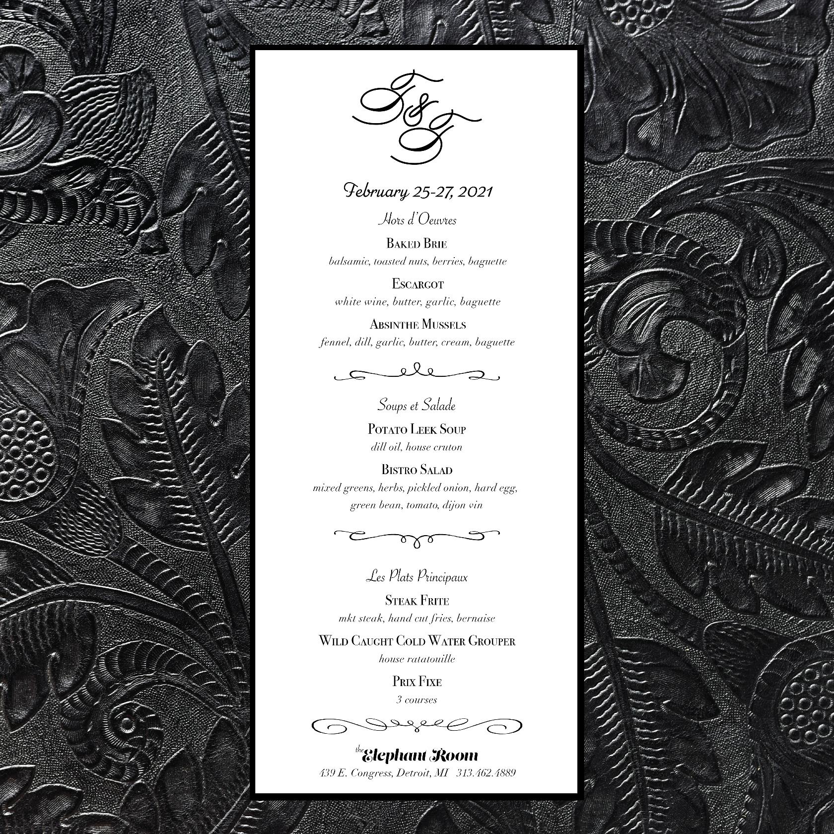 Menu at The Elephant Room restaurant, Detroit