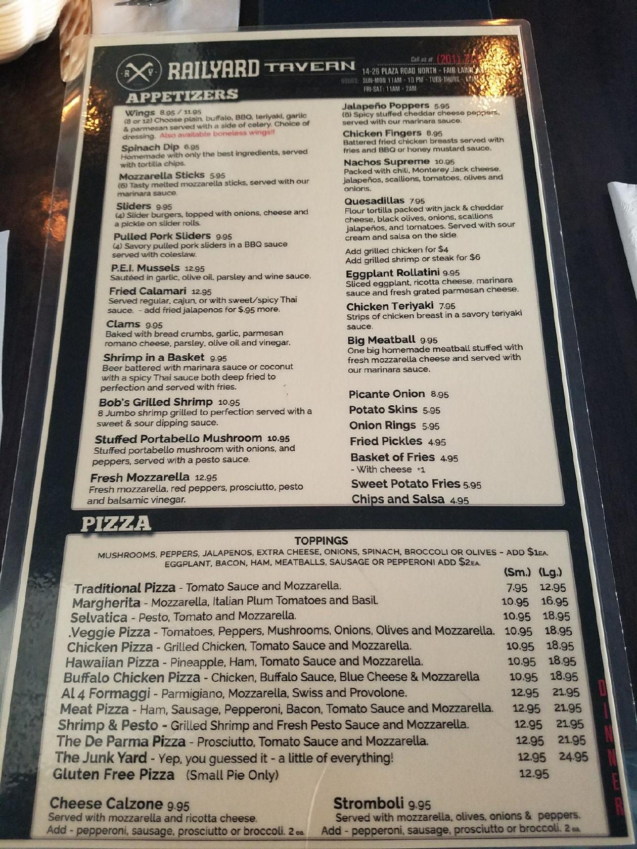 Carta del pub y bar The Railyard Tavern, Fair Lawn