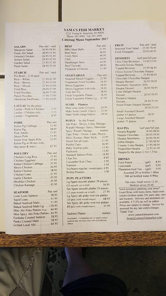 Menu at Yama's Fish Market restaurant, Honolulu