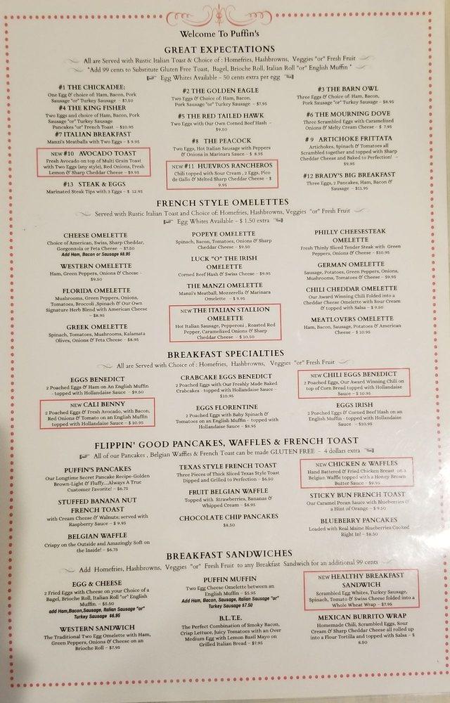 Menu at Puffins restaurant, Millbury