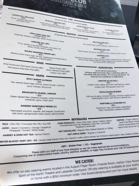 Menu at Boat Club Restaurant, Duluth