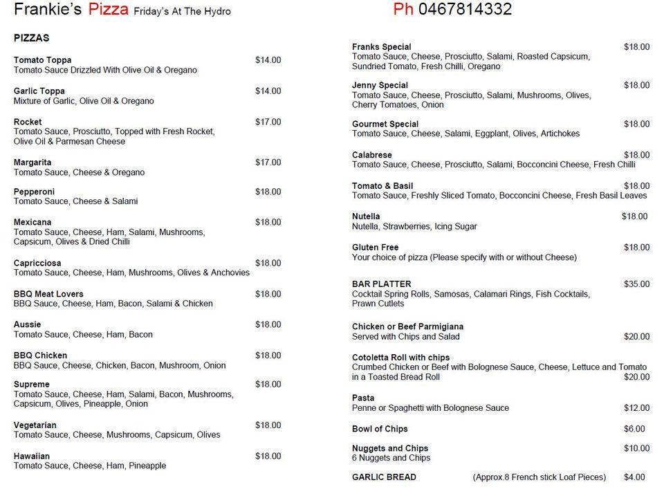 Menu at Frankies Pizza At The Hydro pizzeria, Leeton