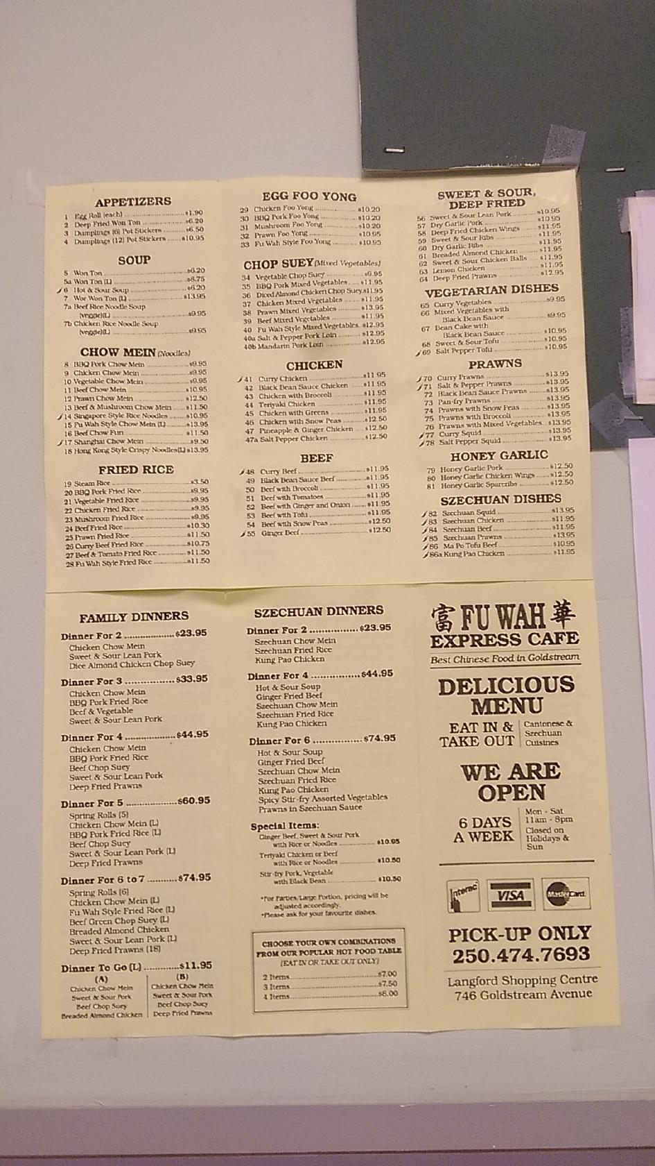 Menu at Fu Wah Express Chinese Foods restaurant, Langford