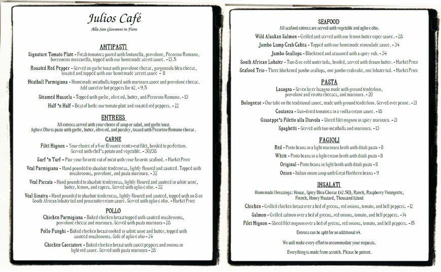 Menu at Julio's Café restaurant, Clarksburg