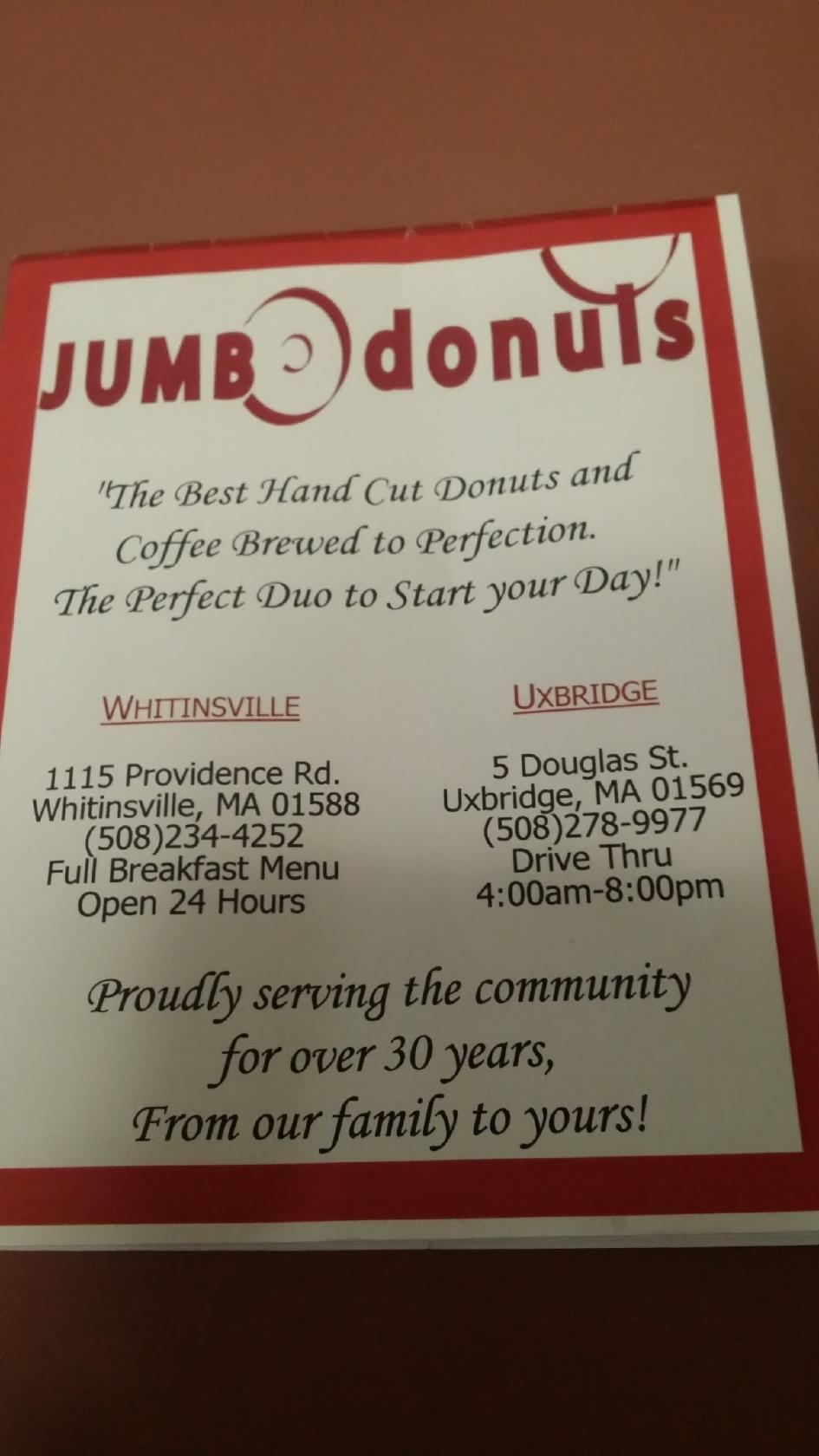 Menu at Jumbo Donuts fast food, Northbridge, Providence Rd