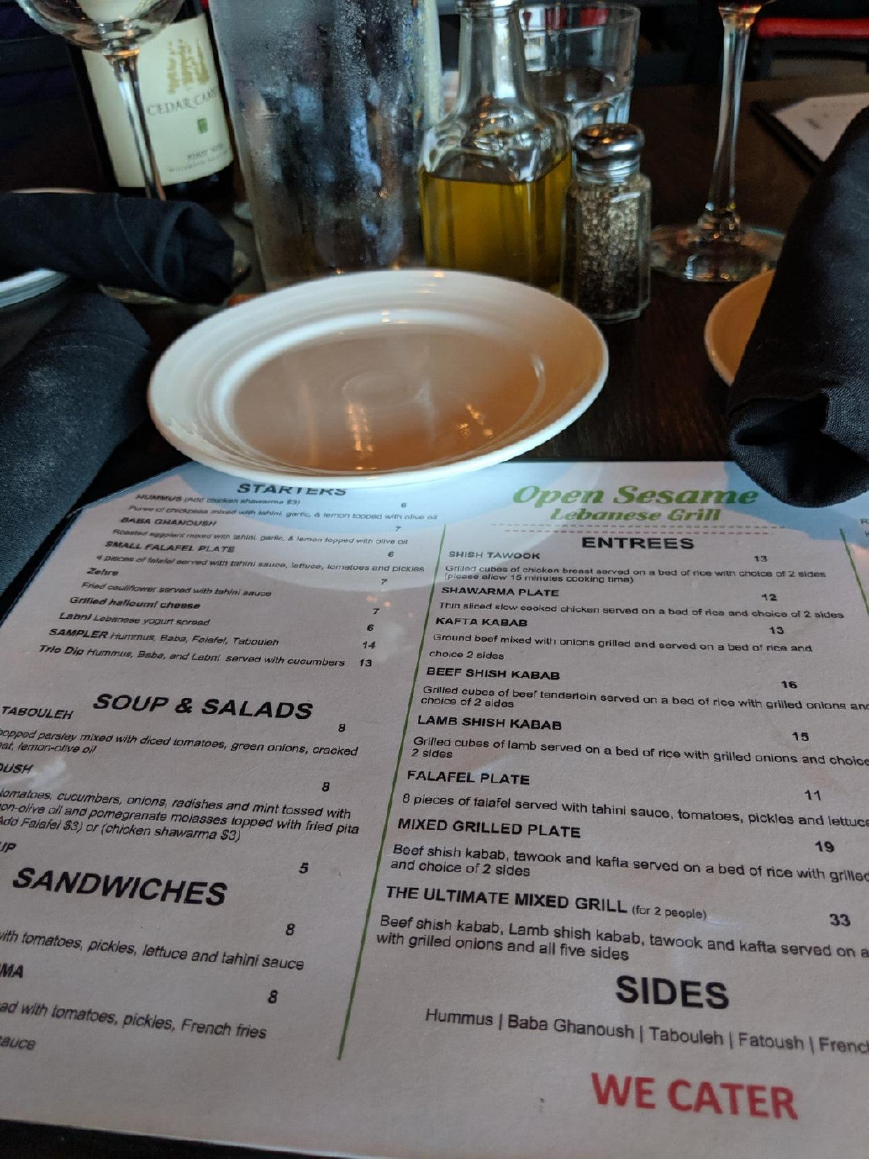 Menu at Open Sesame Lebanese Grill restaurant, Dallas