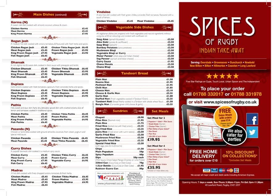Menu at Spices Of Rugby fast food, Rugby