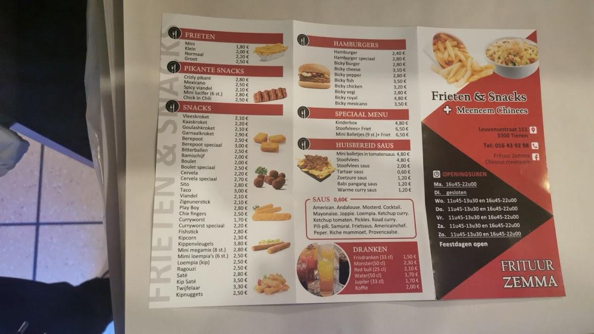 Menu at Frituur Zemma, Tienen