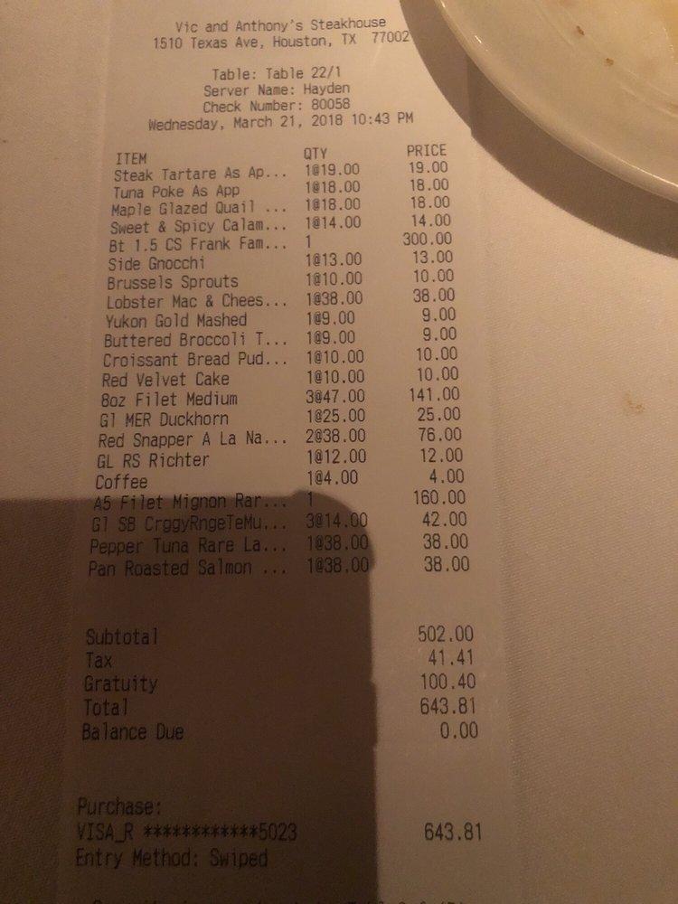 Menu at Vic & Anthony's Steakhouse, Houston