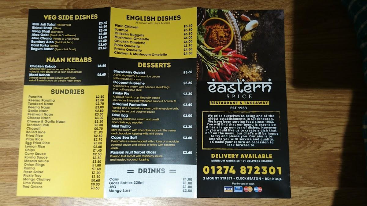 Menu at Eastern Spice restaurant, Cleckheaton