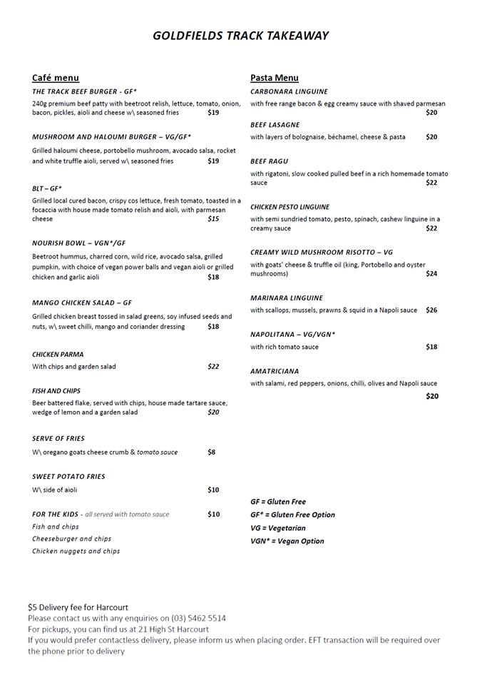 Menu at Goldfields Track Café cafe, Harcourt