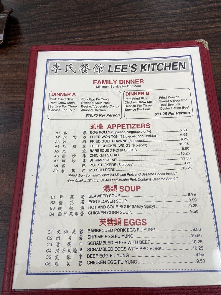 Menu at Lee's Kitchen restaurant, Santa Clara, 2767 El Camino Real