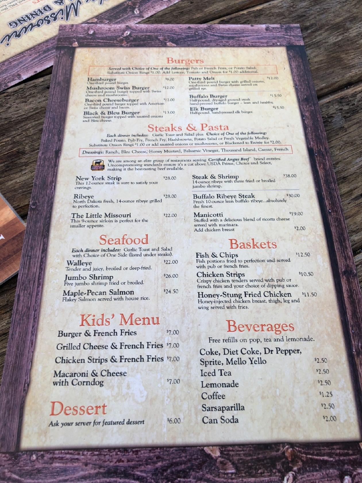 Menu at Little Missouri Saloon & Dining Room pub & bar, Medora