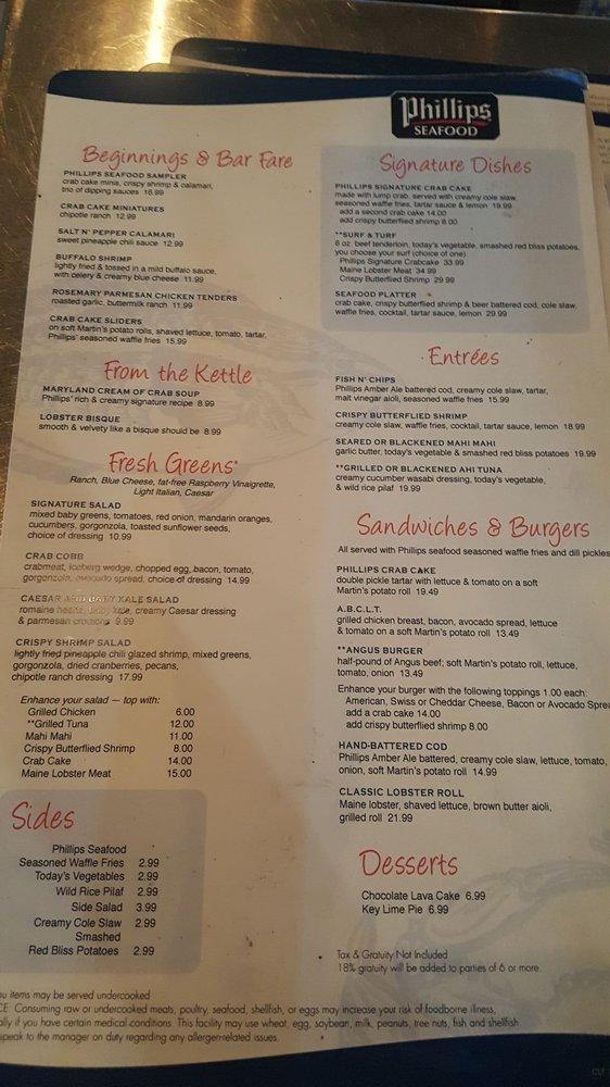 Carta del restaurante Phillips Seafood, Charlotte