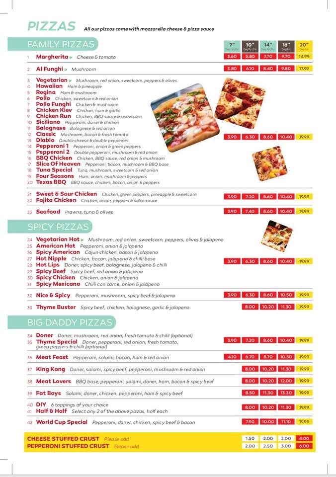 Menu at Pizza Thyme pizzeria, Selby
