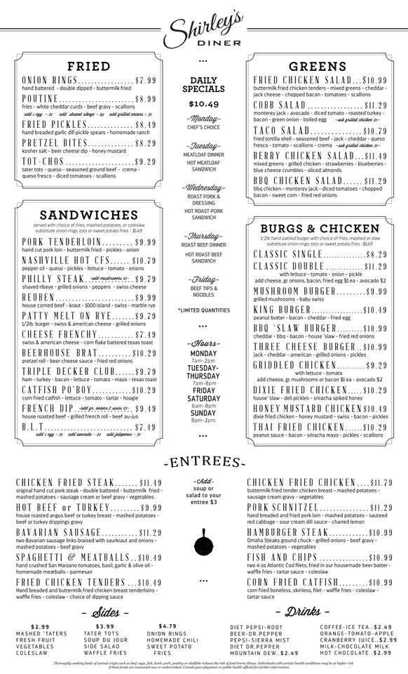 Menu at Shirley's Diner restaurant, Omaha
