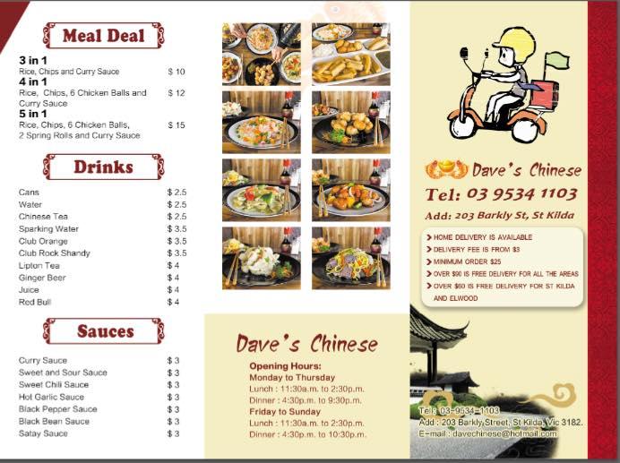 Menu at Daves Chinese restaurant, Saint Kilda
