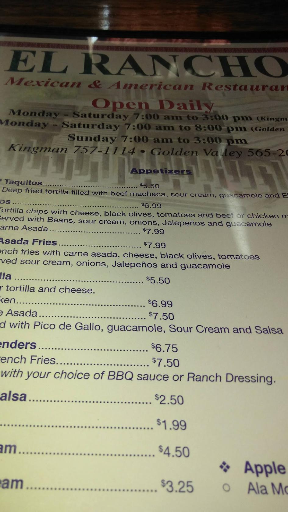 Menu at El Rancho Restaurant, Golden Valley