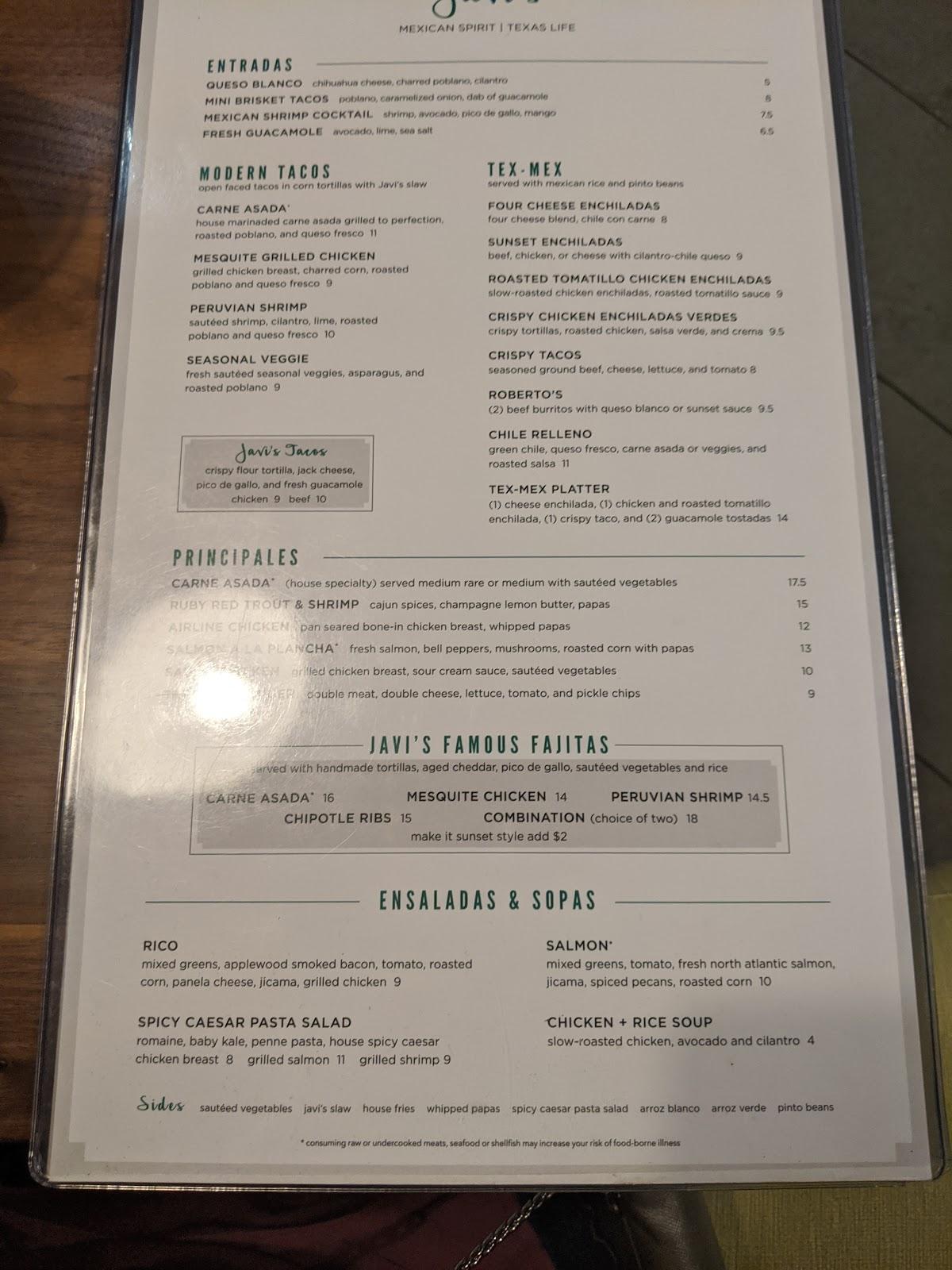 Menu at Javi's pub & bar, Tyler