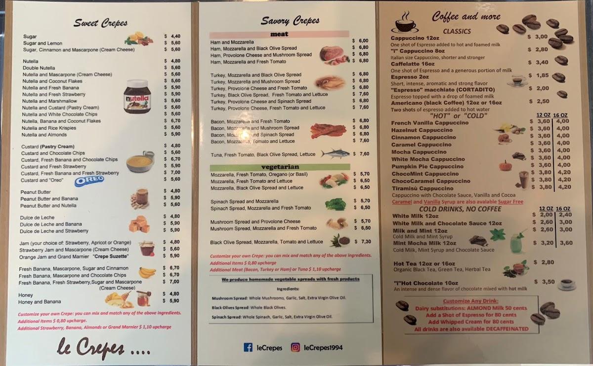 Menu at Le Crepes cafe, Jacksonville
