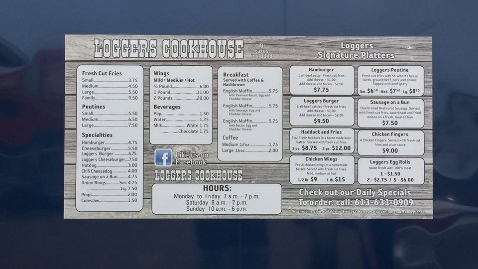Menu at Loggers-Cookhouse restaurant, Pembroke