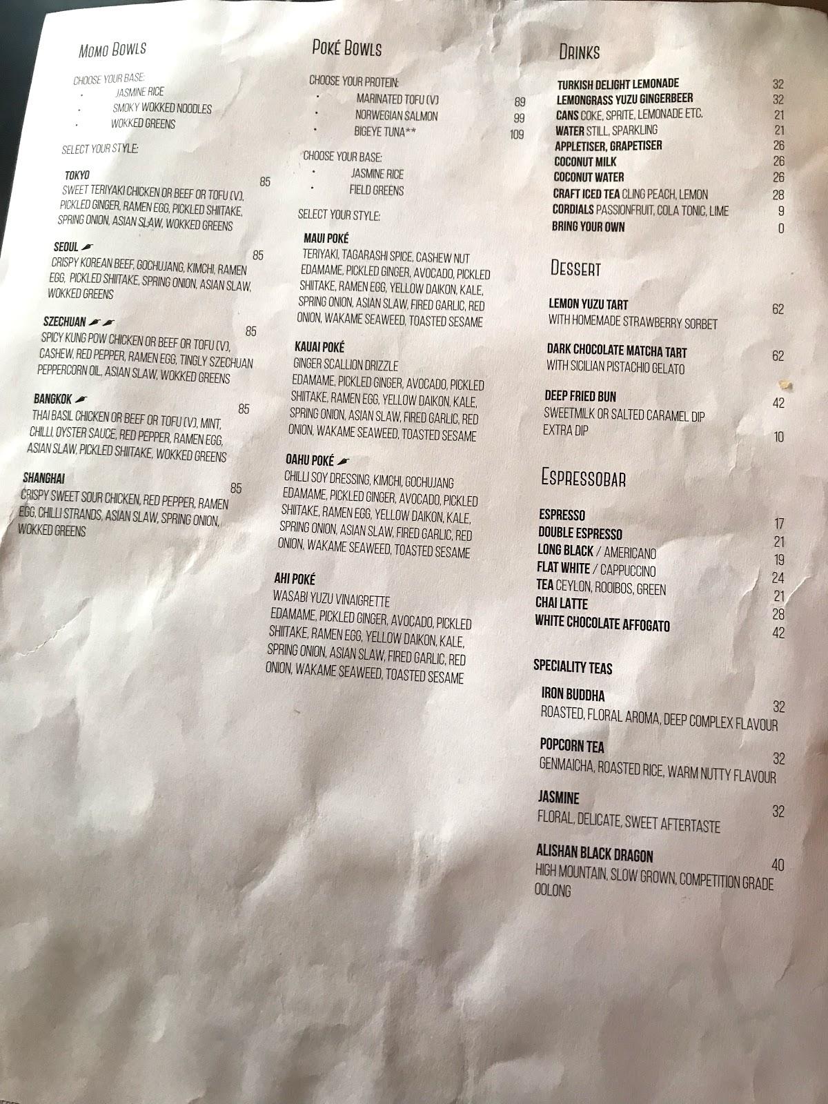 Menu at Momo Soko restaurant, Johannesburg, 198 Oxford Rd